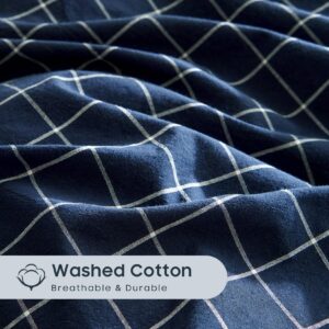 Wake In Cloud - Grid Cotton Duvet Cover Set, Plaid Checkered Geometric Farmhouse, 100% Washed Cotton Textured Percale Bedding Set, 3 Pieces, Navy Blue, Twin Size