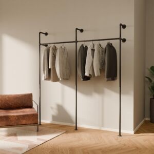 pamo industrial pipe clothing rack metal black - wall mounted clothes racks for hanging clothes - modern walk in closet - kim ii black