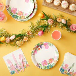 Juvale 144 Piece Watercolor Tea Party Supplies with Pink Floral Paper Plates, Napkins, Cups, and Cutlery, Disposable Tableware Set for Girls Baby Shower, Wedding (Serves 24)