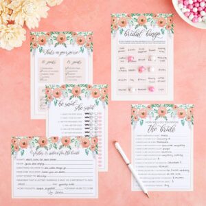 Juvale Set of 5 Bridal Shower Games for 50 Guests, Wedding and Engagement Party Activities, Pink Floral Design