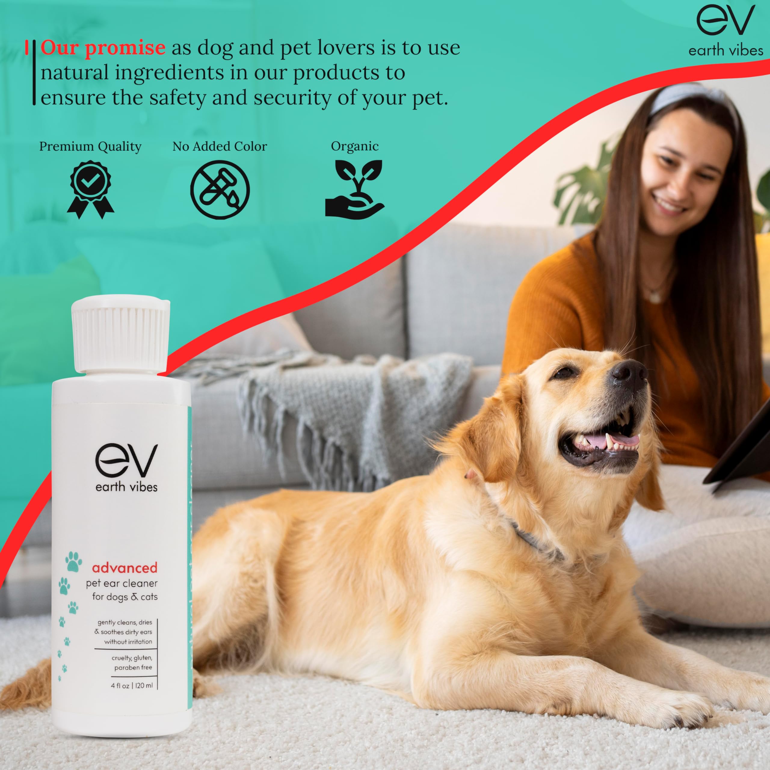 Earth Vibes Dog & Cat Ear Cleaner – Pet Cat Ear Cleaner - Advanced Natural Solution Treatment for Itching, Head Shaking, Discharge & Smelly Ears - Made in The USA