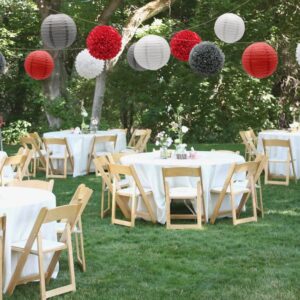 KAXIXI Hanging Party Decorations Set, 15pcs Red Gray White Paper Flowers Pom Poms Balls and Paper Lanterns for Wedding Birthday Bridal Baby Shower Graduation