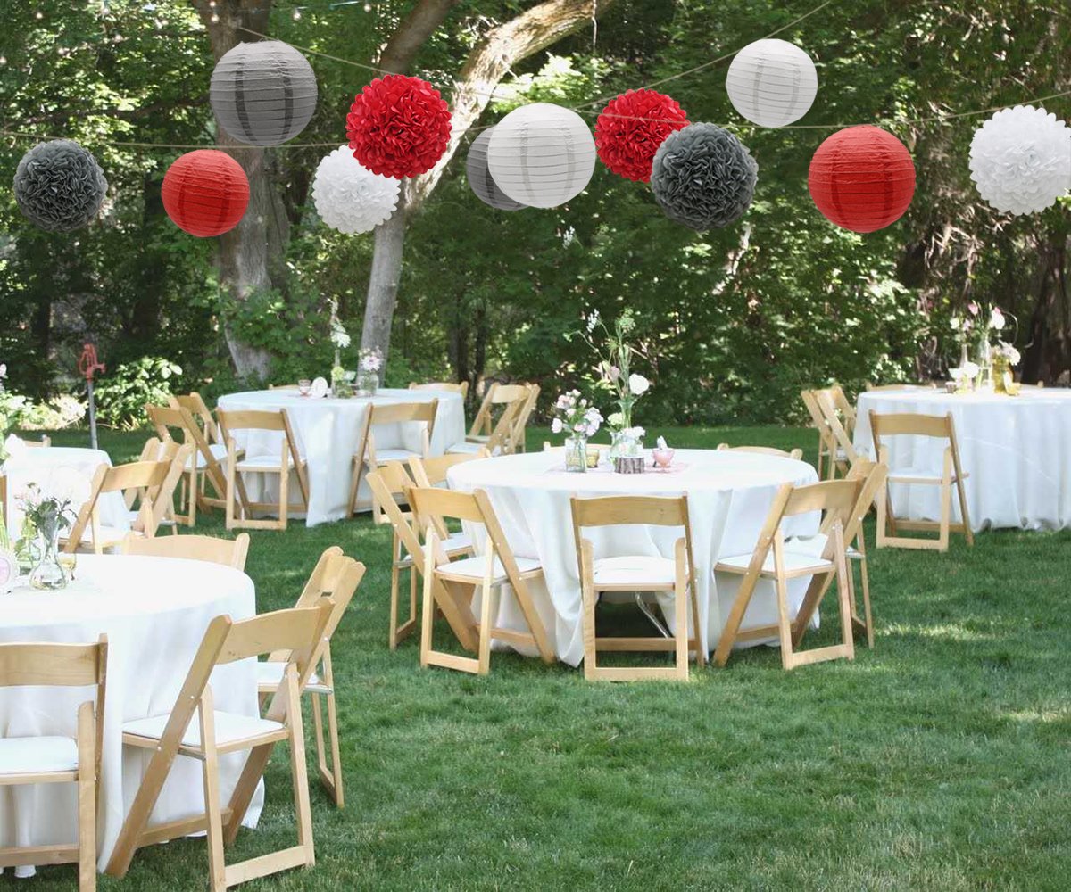 KAXIXI Hanging Party Decorations Set, 15pcs Red Gray White Paper Flowers Pom Poms Balls and Paper Lanterns for Wedding Birthday Bridal Baby Shower Graduation