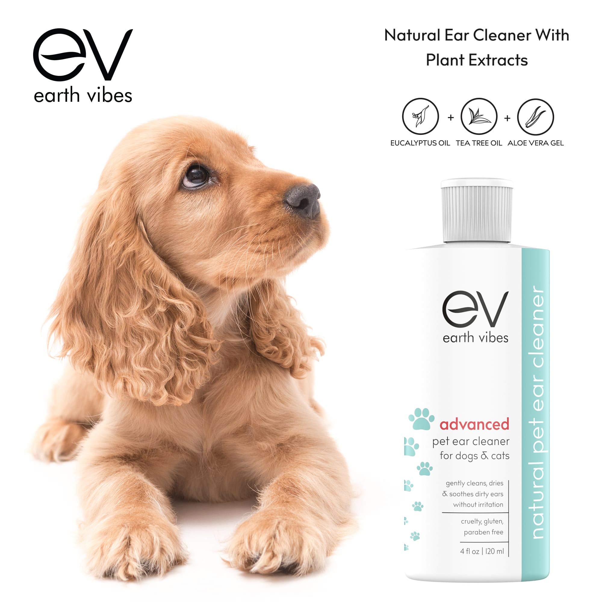 Earth Vibes Dog & Cat Ear Cleaner – Pet Cat Ear Cleaner - Advanced Natural Solution Treatment for Itching, Head Shaking, Discharge & Smelly Ears - Made in The USA