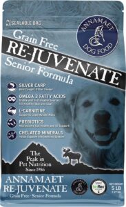 annamaet grain-free re-juvenate senior formula dry dog food, (fresh silver carp & turkey), 5-lb bag, brown