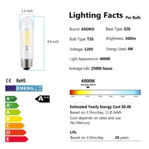 ASOKO Edison Bulb, T10 Daylight 4000K LED Tubular 4W Dimmable Tube Vintage Bulbs 40 Watt Equivalent,E26 Base(3-Pack)