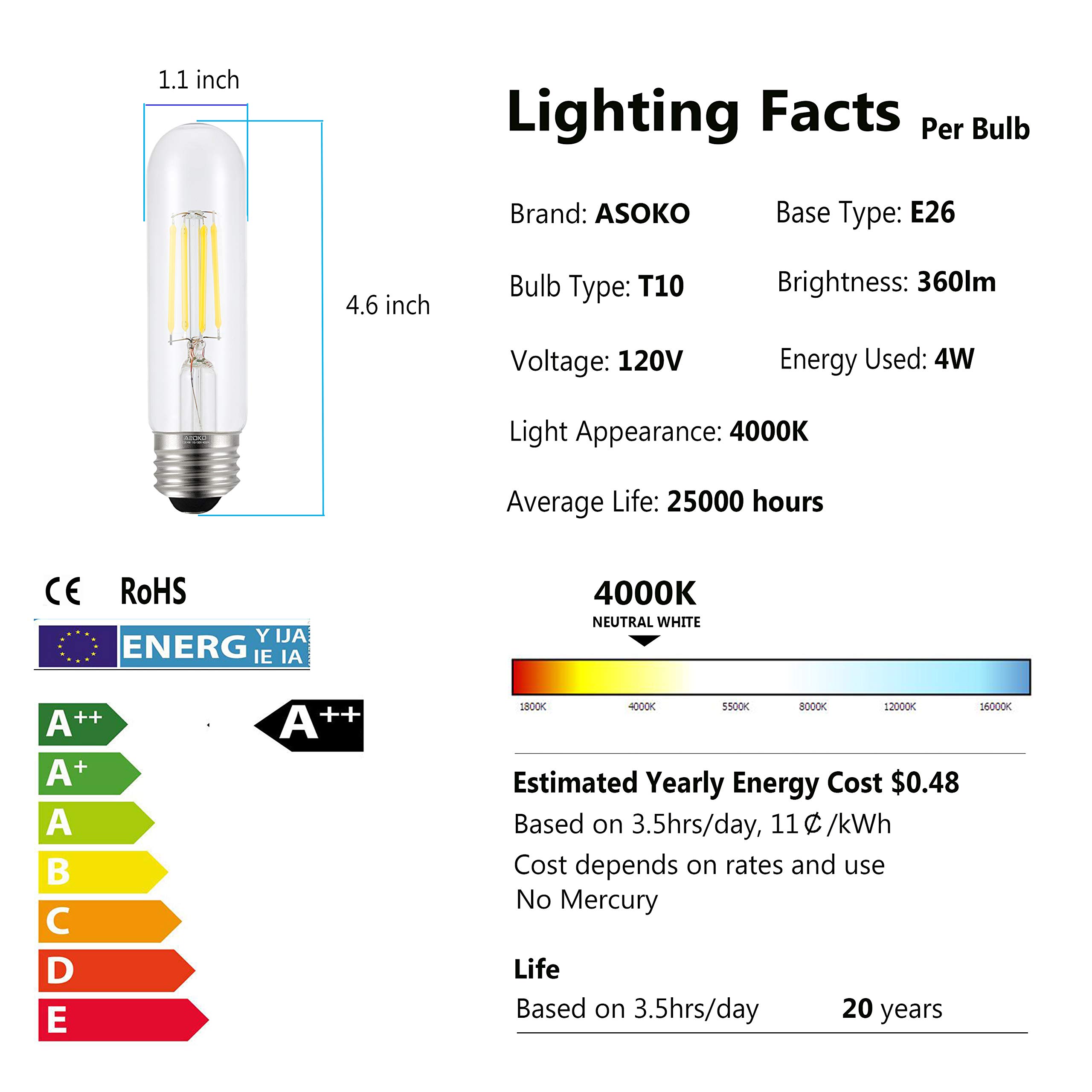 ASOKO Edison Bulb, T10 Daylight 4000K LED Tubular 4W Dimmable Tube Vintage Bulbs 40 Watt Equivalent,E26 Base(3-Pack)