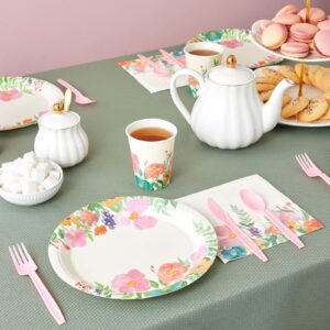 Juvale 144 Piece Watercolor Tea Party Supplies with Pink Floral Paper Plates, Napkins, Cups, and Cutlery, Disposable Tableware Set for Girls Baby Shower, Wedding (Serves 24)