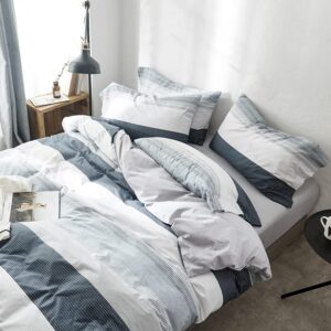 OREISE Duvet Cover Set Full/Queen Size 100% Cotton Bedding Set Gray Blue White Printed Striped Style,3Piece (1 Duvet Cover + 2 Pillowcase),Comfortable Luxurious Soft