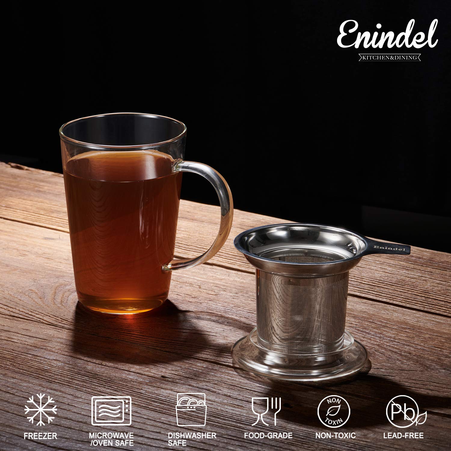 Enindel 3020.01 Glass Tea Mug with Infuser and Lid, Tea Cup, Clear, 14 OZ, GM001