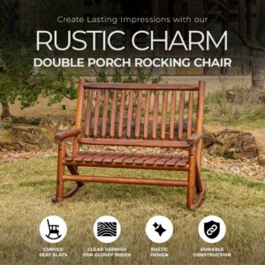 Leigh Country Double Porch Rocking Chair with Curved Seat Slats, Wide Seat, and Stained Finish for Lawn, Garden, and Patio Spaces, Honey