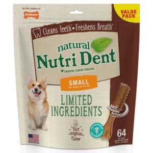 nylabone nutri dent dog dental chews - natural dog teeth cleaning & breath freshener - dental treats for dogs - filet mignon flavor, small (64 count)