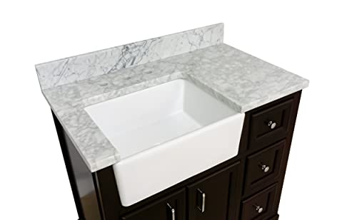 Kitchen Bath Collection Zelda 36-inch Farmhouse Vanity (Carrara/Chocolate): Includes Chocolate Cabinet with Authentic Italian Carrara Marble Countertop and White Ceramic Farmhouse Apron Sink