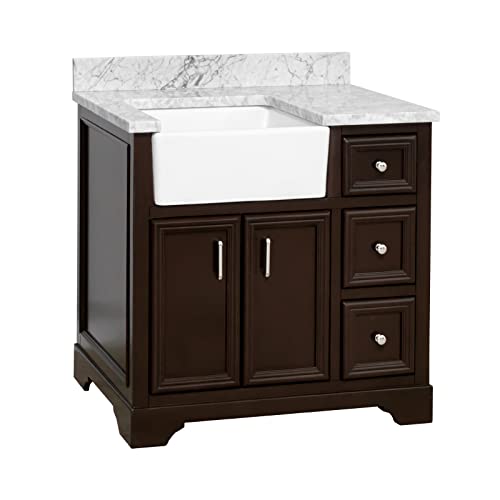 Kitchen Bath Collection Zelda 36-inch Farmhouse Vanity (Carrara/Chocolate): Includes Chocolate Cabinet with Authentic Italian Carrara Marble Countertop and White Ceramic Farmhouse Apron Sink