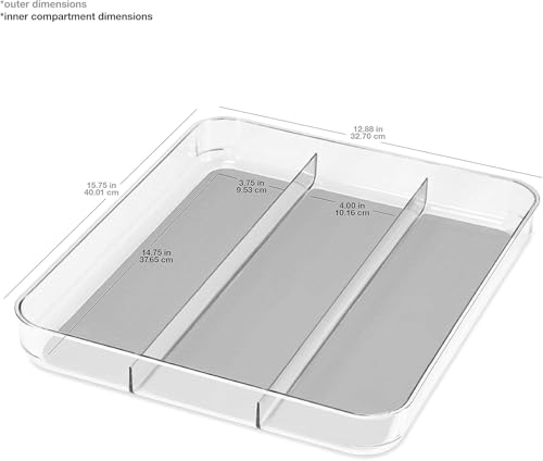 madesmart Utensil Tray - Large | Light Grey | Clear Soft Grip Collection | 3-compartment | Soft-grip Lining | Non-slip Feet | BPA-free