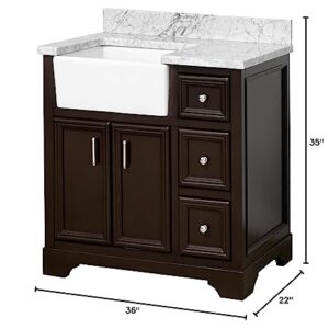 Kitchen Bath Collection Zelda 36-inch Farmhouse Vanity (Carrara/Chocolate): Includes Chocolate Cabinet with Authentic Italian Carrara Marble Countertop and White Ceramic Farmhouse Apron Sink