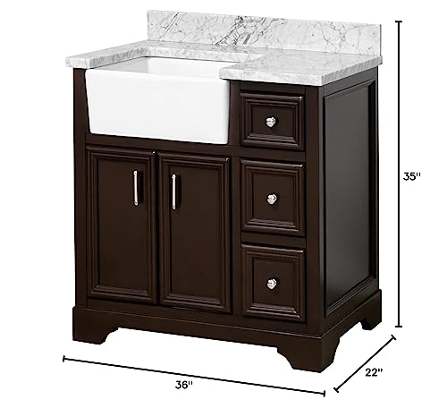 Kitchen Bath Collection Zelda 36-inch Farmhouse Vanity (Carrara/Chocolate): Includes Chocolate Cabinet with Authentic Italian Carrara Marble Countertop and White Ceramic Farmhouse Apron Sink