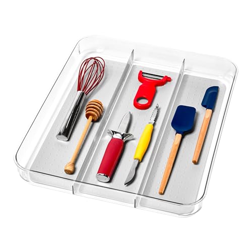 madesmart Utensil Tray - Large | Light Grey | Clear Soft Grip Collection | 3-compartment | Soft-grip Lining | Non-slip Feet | BPA-free