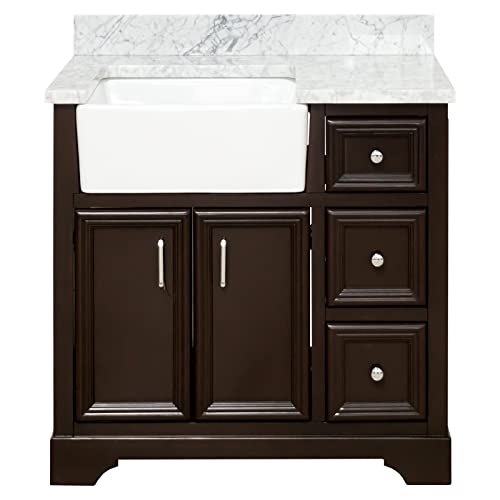 Kitchen Bath Collection Zelda 36-inch Farmhouse Vanity (Carrara/Chocolate): Includes Chocolate Cabinet with Authentic Italian Carrara Marble Countertop and White Ceramic Farmhouse Apron Sink