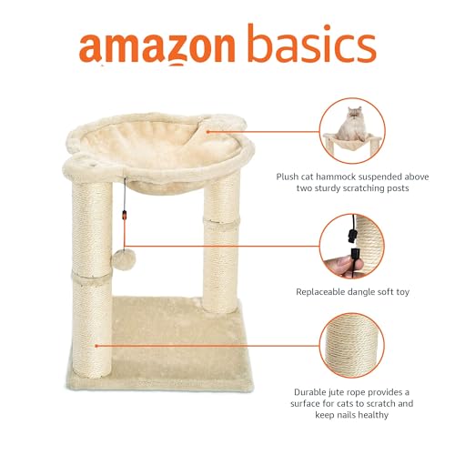 Amazon Basics Cat Tower with Hammock and Scratching Posts for Indoor Cats, 15.8 x 15.8 x 19.7 Inches, Beige