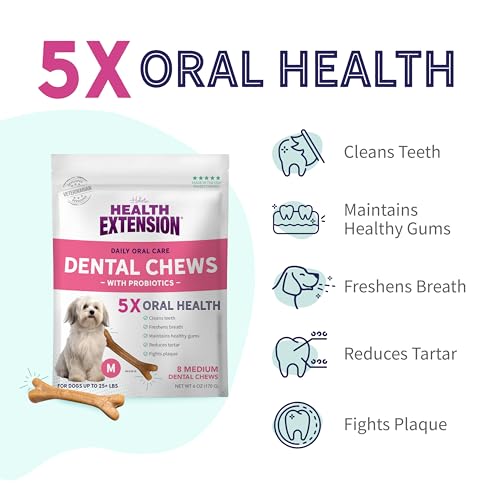 Health Extension Probiotic Dental Bones for Dogs, 8 Medium Bones – Supports Dental Health, Promotes Digestive Health, Ideal for Puppy Training