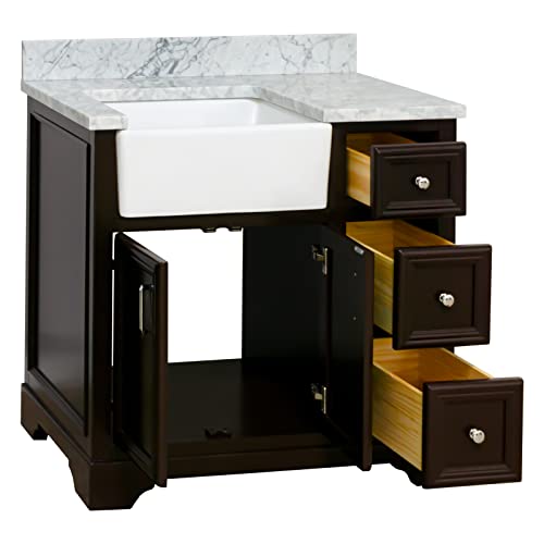 Kitchen Bath Collection Zelda 36-inch Farmhouse Vanity (Carrara/Chocolate): Includes Chocolate Cabinet with Authentic Italian Carrara Marble Countertop and White Ceramic Farmhouse Apron Sink