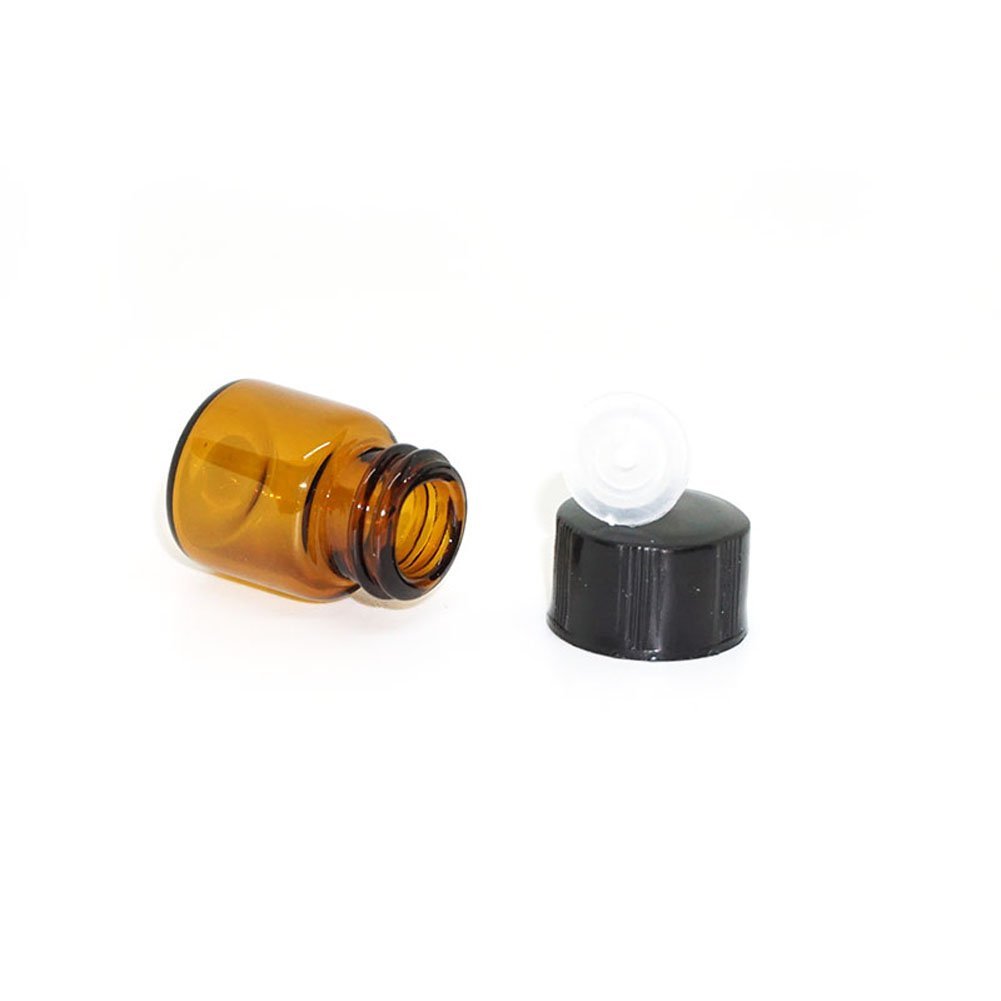 Wresty 100 Packs Essential Oil Bottles,1ml(1/4 dram) Mini Sample bottle Amber Glass Vials,With Orifice Reducers and Black Caps,With With 3 Free Dropper