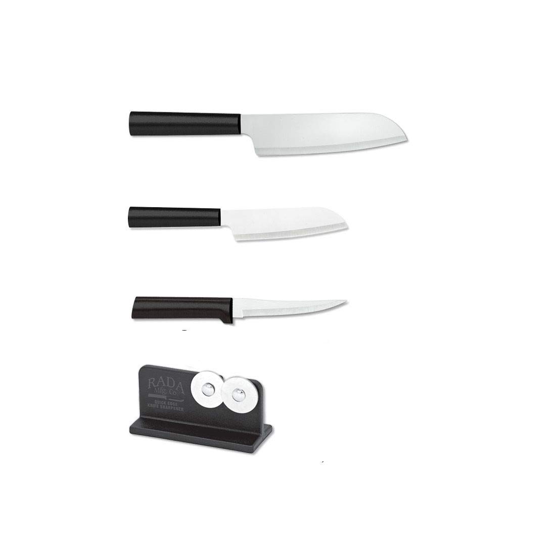 Rada Cutlery Cook’s Starter Kit 4-Piece Set – Includes Super Parer, Cook’s Knife, Cook’s Utility Knife With Black Stainless Steel Resin Knife Handles Plus Quick Edge Knife Sharpener