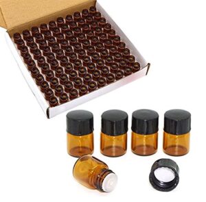 wresty 100 packs essential oil bottles,1ml(1/4 dram) mini sample bottle amber glass vials,with orifice reducers and black caps,with with 3 free dropper