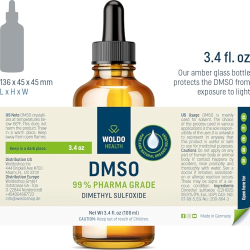 DMSO 99.9% Pharmaceutical Grade with 99.9% Purity & Low Odor - 3.38oz (Dimethyl Sulfoxide) Glass Bottle with Dropper