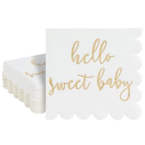 juvale 50 pack white scalloped baby shower napkins for girls and boys, gold foil hello sweet baby decorations (5 x 5 in)