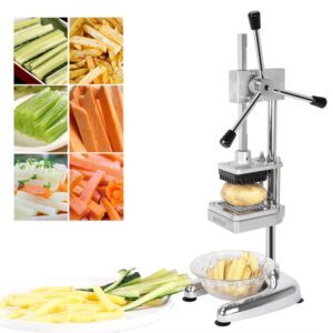 rovsun upgraded commercial grade french fry cutter with rudder stock lever, vertical fruit vegetable potato slicer, including suction feet,1/2-inch,3/8-inch,1/4-inch blades and pusher blocks