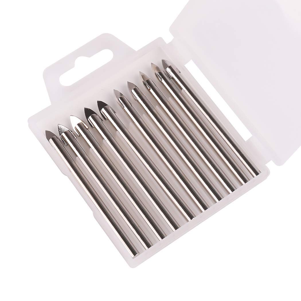 10Pcs Glass Drill Bits For Glass Ceramic Marble Tile Concrete 6MM 1/4" Round Shank Drilling Carbide Wall Tile Ceramic Glass Drill Bit Set