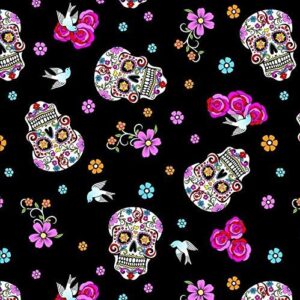 day of the dead skulls cotton fabric by the yard, with glitter