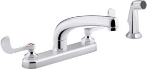 kohler 1.5 gpm kitchen sink faucet with 8-3/16" swing spout, matching finish sidespray, aerated flow and wristblade handles