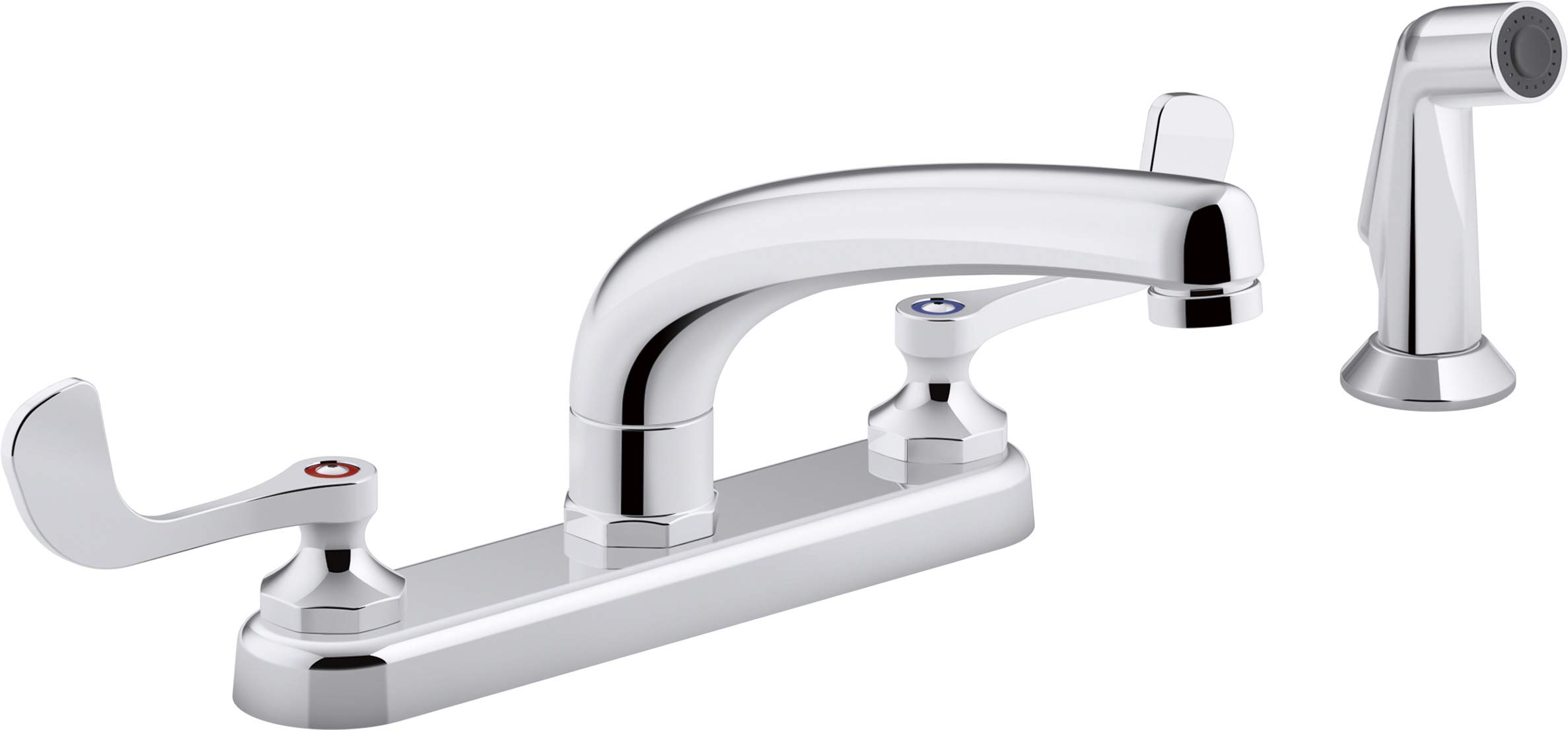 KOHLER 1.5 gpm kitchen sink faucet with 8-3/16" swing spout, matching finish sidespray, aerated flow and wristblade handles