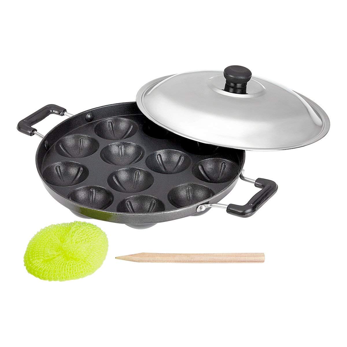 Tanish Trading Appam Patra Paniyaram Non Stick Pan,Takoyaki or Danish Aebleskiver Filled Pancake Pastry Pan, Appam Maker Set Of 1,12 Pits with Lid