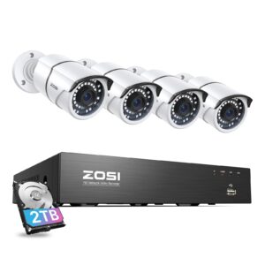 ZOSI 8CH 4K PoE Home Security Camera System, 8 Ports 16CH 8MP NVR with 2TB HDD, 4pcs 5MP Outdoor PoE IP Cameras, 120ft Night Vision, Motion Detection, Remote Access, for 24/7 Recording