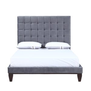 Iconic Home Beethoven Bed Frame with Headboard Velvet Upholstered Button Tufted Tapered Birch Legs Modern Transitional, Queen, Grey