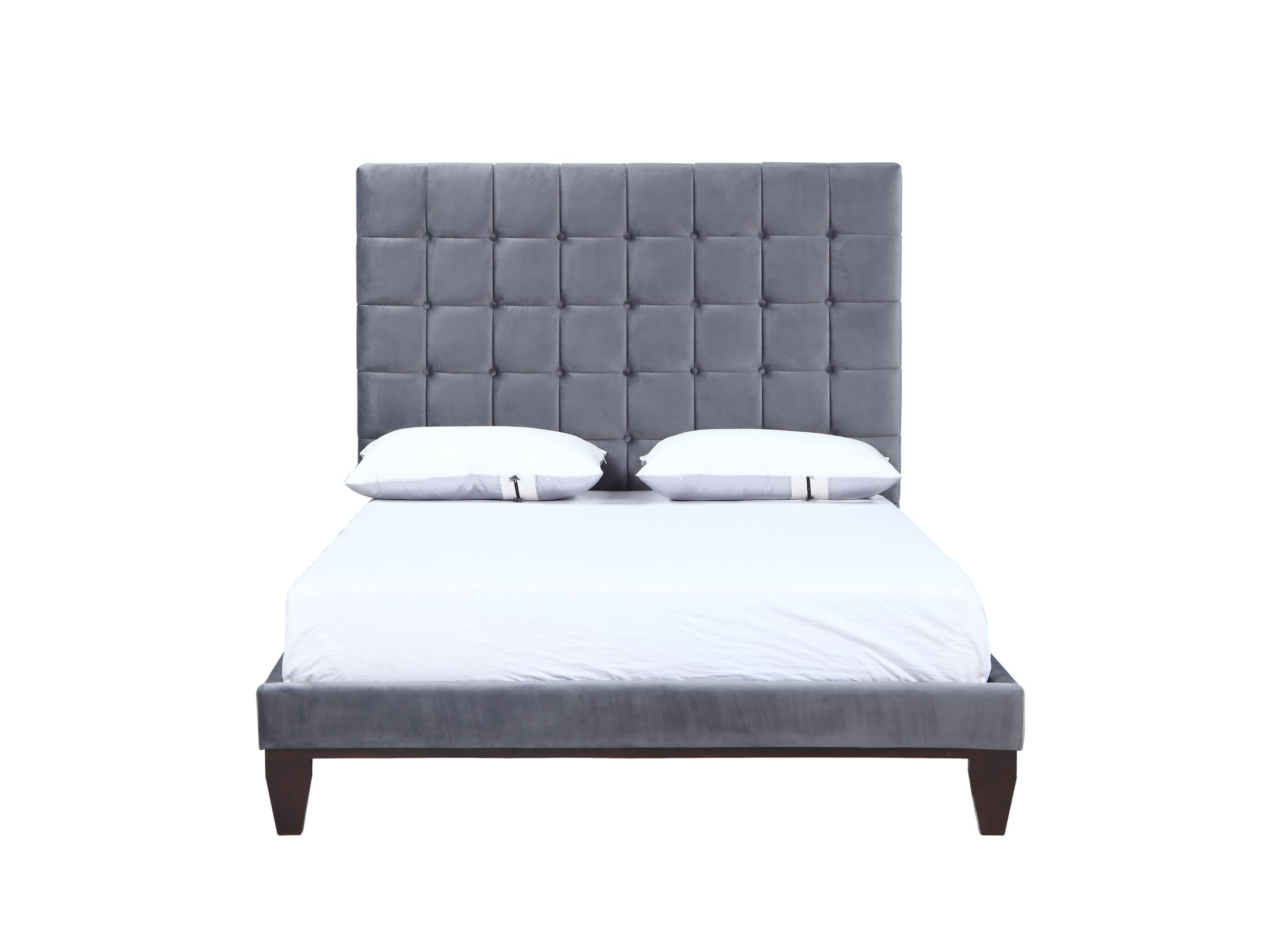 Iconic Home Beethoven Bed Frame with Headboard Velvet Upholstered Button Tufted Tapered Birch Legs Modern Transitional, Queen, Grey