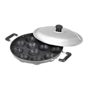 tanish trading appam patra paniyaram non stick pan,takoyaki or danish aebleskiver filled pancake pastry pan, appam maker set of 1,12 pits with lid