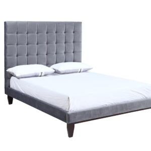 Iconic Home Beethoven Bed Frame with Headboard Velvet Upholstered Button Tufted Tapered Birch Legs Modern Transitional, Queen, Grey