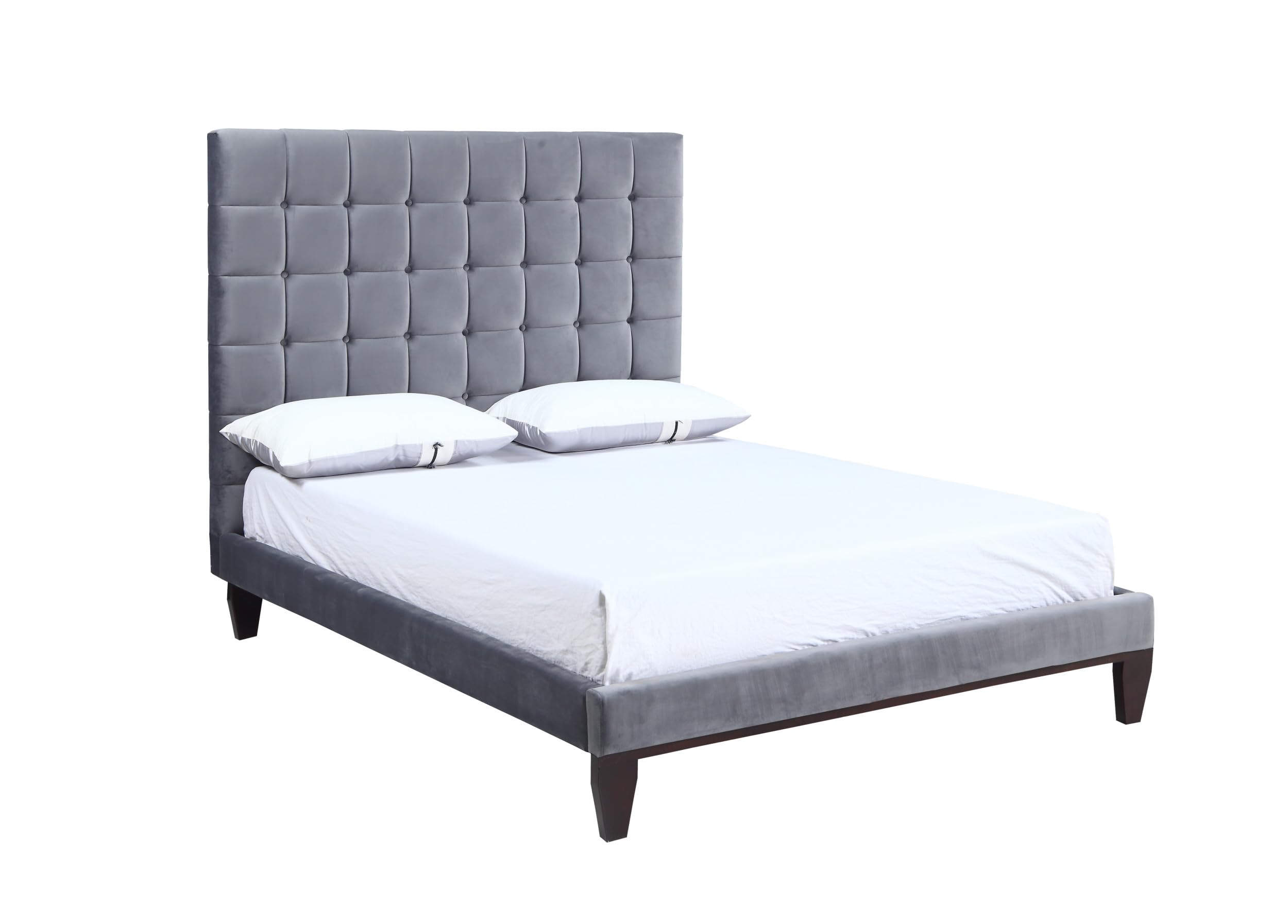 Iconic Home Beethoven Bed Frame with Headboard Velvet Upholstered Button Tufted Tapered Birch Legs Modern Transitional, Queen, Grey