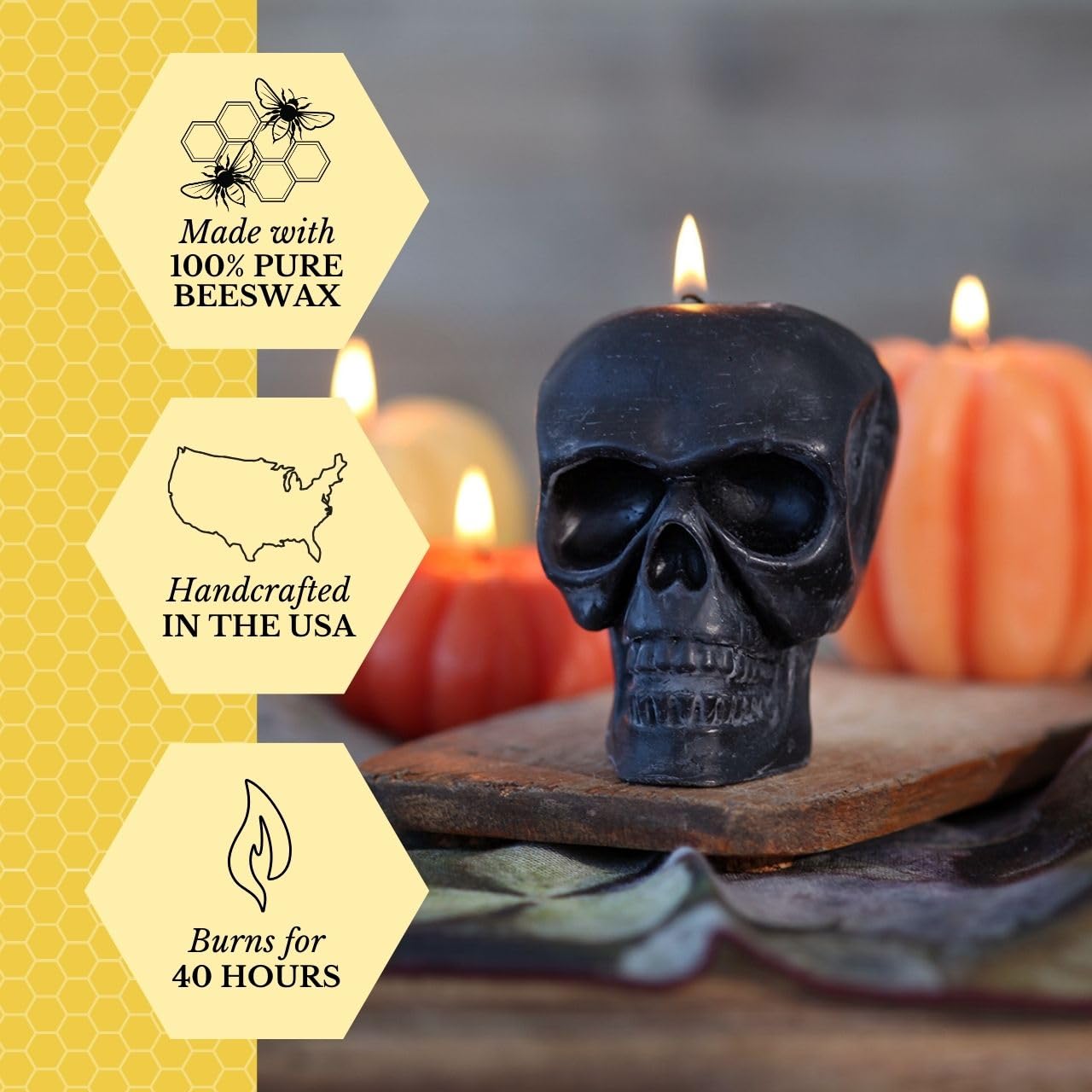 Big Dipper Wax Works Black Skull Candle, 40-Hour Long Burn, Pure Beeswax Sculpted Candle, 3.5” x 3.75”, Spooky Candle