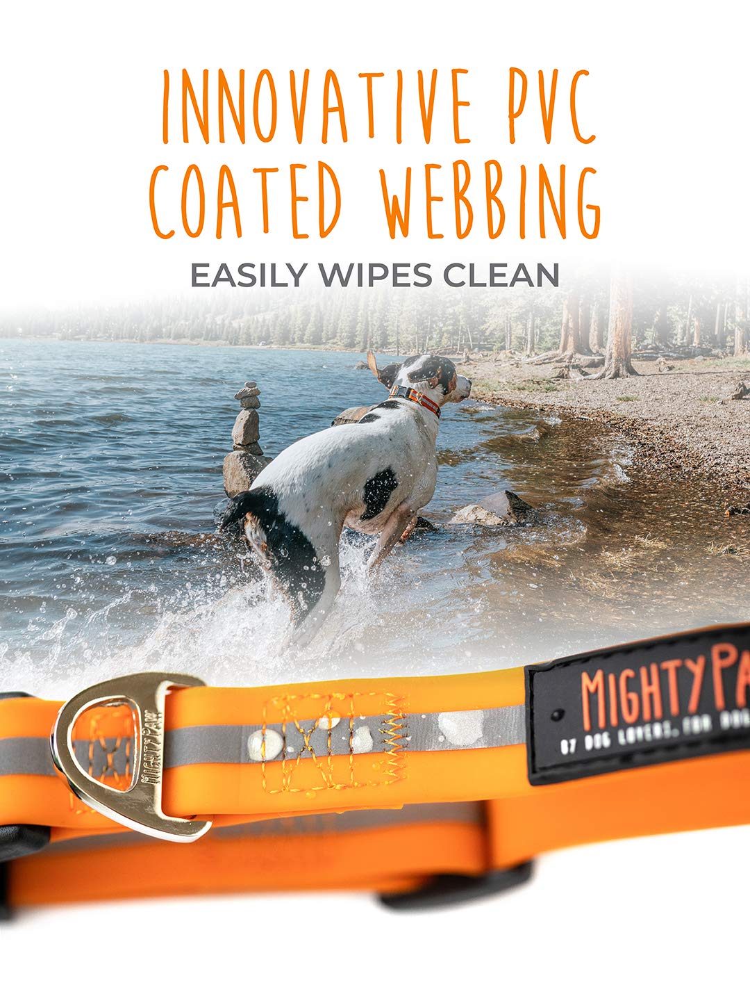 Mighty Paw Waterproof Dog Collar - Smell-Proof Active Gear - Reflective Stripe Coated Nylon Webbing - Dog Swim Collar - Smell Resistant Dog Collar - Dog Collar for All Dog Breeds - (Orange, Medium)