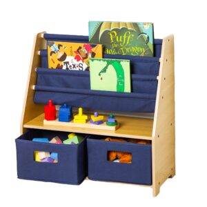 wildkin kids canvas sling bookshelf with storage for boys and girls, wooden design features four shelves and two drawers, helps keep bedrooms, playrooms, and classrooms organized (natural with blue)