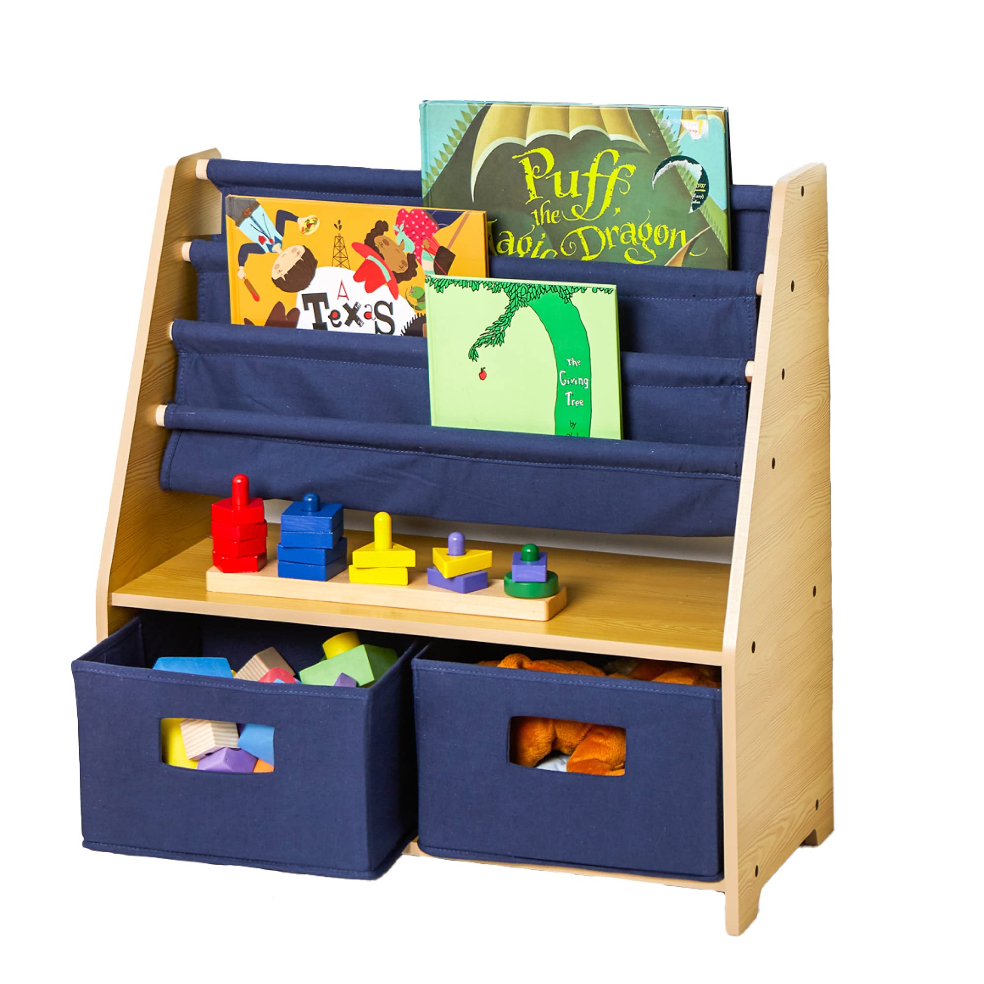 Wildkin Kids Canvas Sling Bookshelf with Storage for Boys and Girls, Wooden Design Features Four Shelves and Two Drawers, Helps Keep Bedrooms, Playrooms, and Classrooms Organized (Natural with Blue)