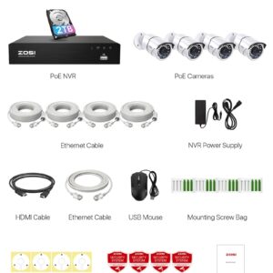 ZOSI 8CH 4K PoE Home Security Camera System, 8 Ports 16CH 8MP NVR with 2TB HDD, 4pcs 5MP Outdoor PoE IP Cameras, 120ft Night Vision, Motion Detection, Remote Access, for 24/7 Recording