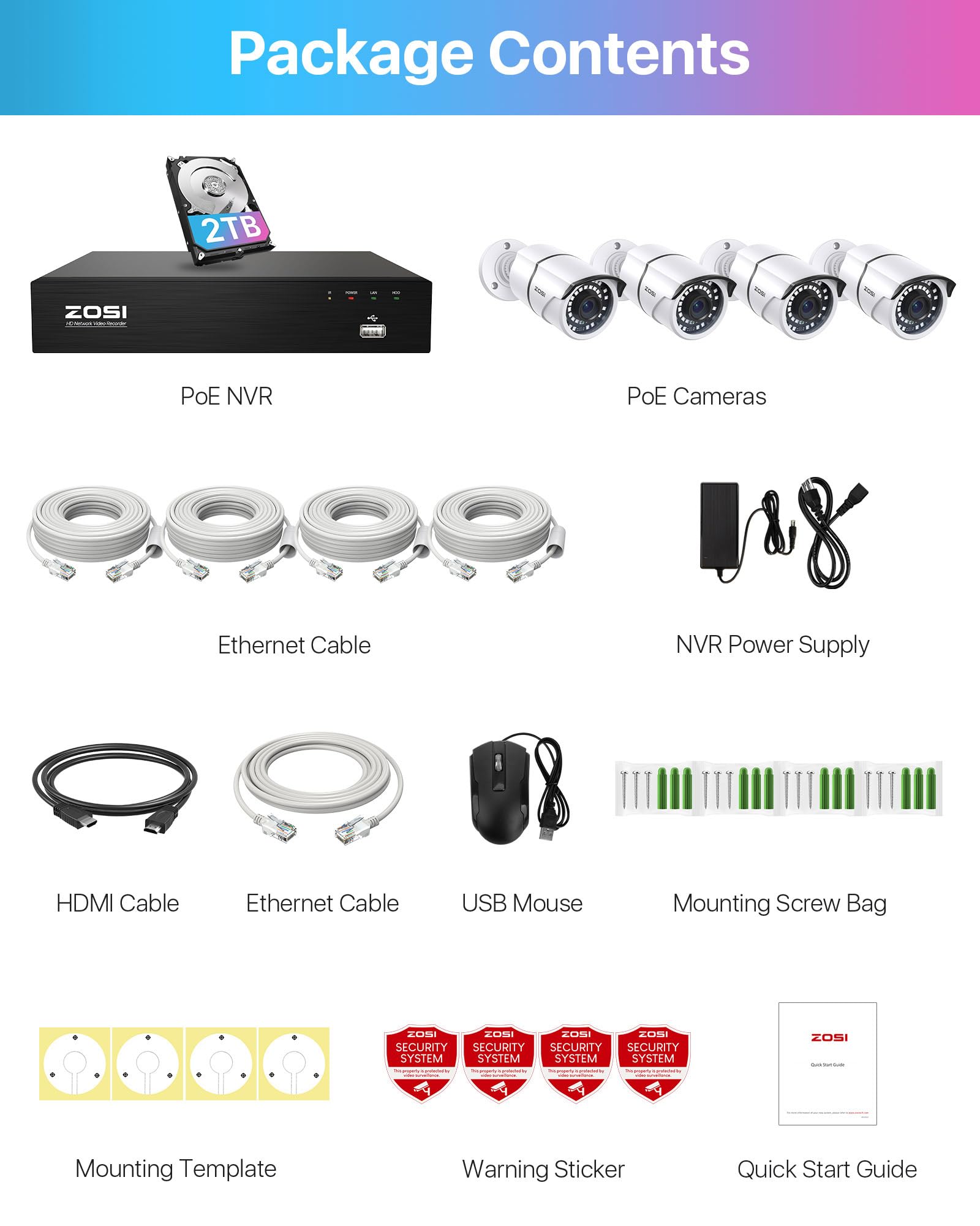 ZOSI 8CH 4K PoE Home Security Camera System, 8 Ports 16CH 8MP NVR with 2TB HDD, 4pcs 5MP Outdoor PoE IP Cameras, 120ft Night Vision, Motion Detection, Remote Access, for 24/7 Recording