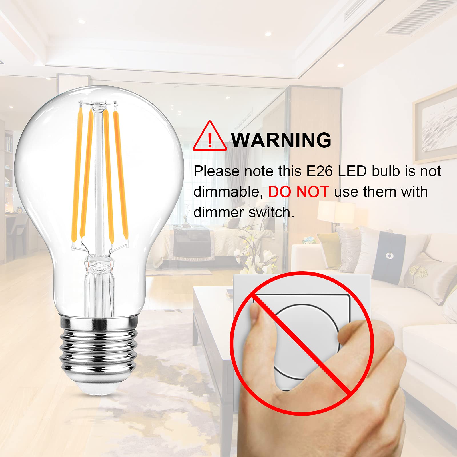 Ascher 60 Watt Equivalent, E26 LED Filament Light Bulbs, Warm White 2700K, Non-Dimmable, Classic Clear Glass, A19 LED Light Bulb with 80+ CRI, 6-Pack